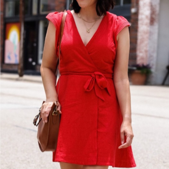 Madewell | Dresses | Madewell Red Linen Wrap Around Dress With Ruffle ...